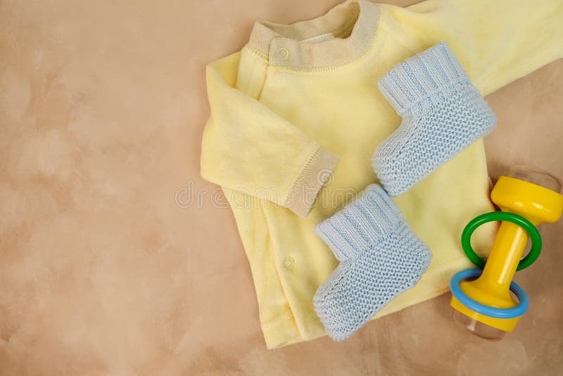 Infant Baby Boy Clothes. Baby Goods on Textile Background. Stock Image ...
