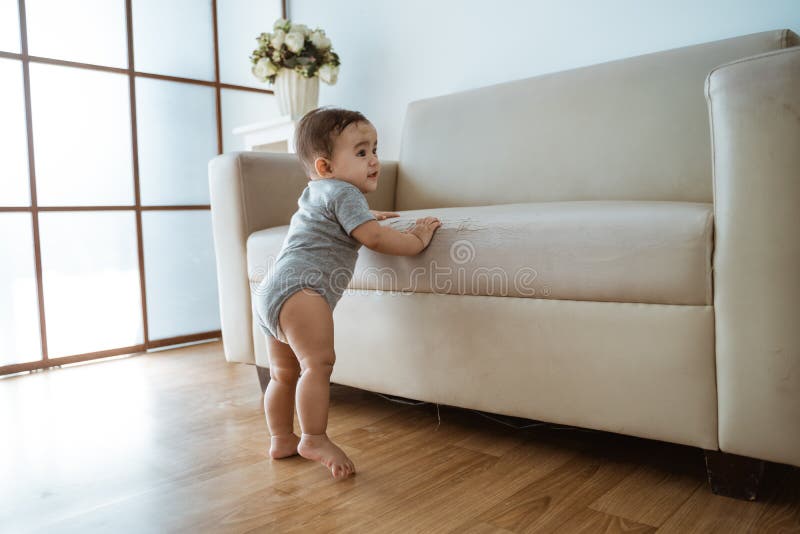 Infant Baby Learning First Step Stock Image - Image of floor, walking ...