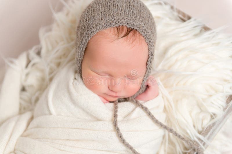 Infant with Gray Hat on Napping, Closeup Stock Image - Image of ...
