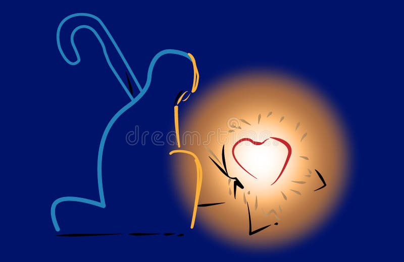 Infant Jesus Heart in Manger with Glowing Light on Kneeling Shepherd ...