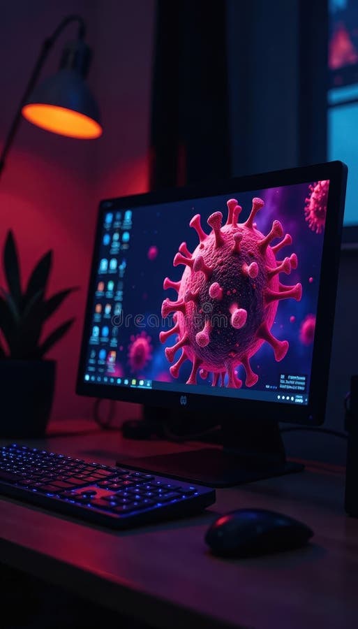 Infected Computer on Desk, Close Up Virus Warning, Attack, Table ...