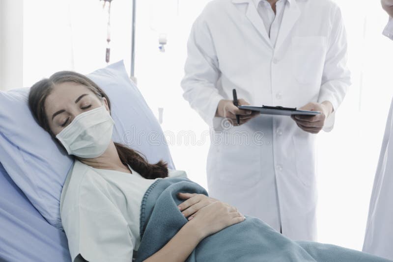 Infected Patient Woman Face Mask Lying Bed Disease Treatment Room
