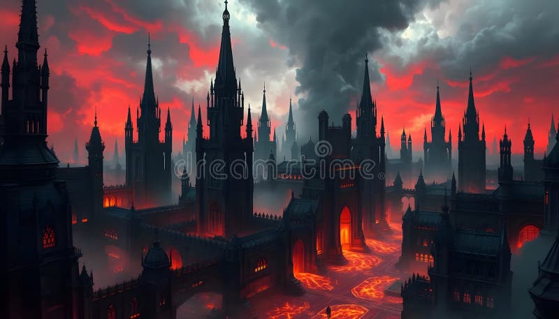 Infernal Cityscape: a Gothic Fantasy at Sunset Stock Illustration ...
