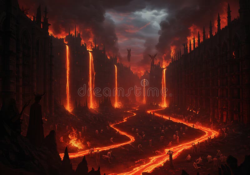 Infernal River of Fire: a Digital Painting of Hellish Landscape Stock ...