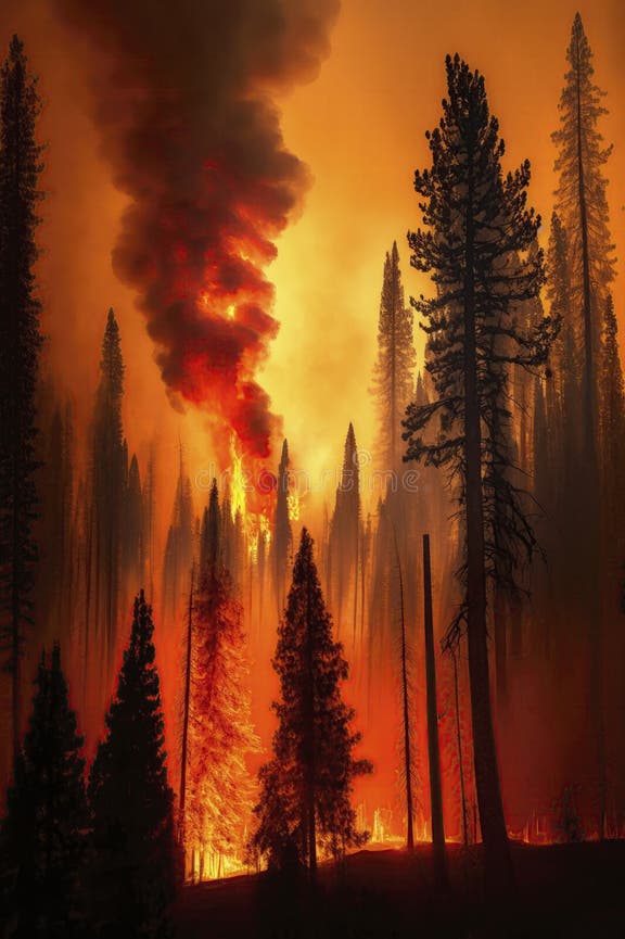 Inferno in the Forest: Devastating Fire Consuming Tall Trees. Stock ...