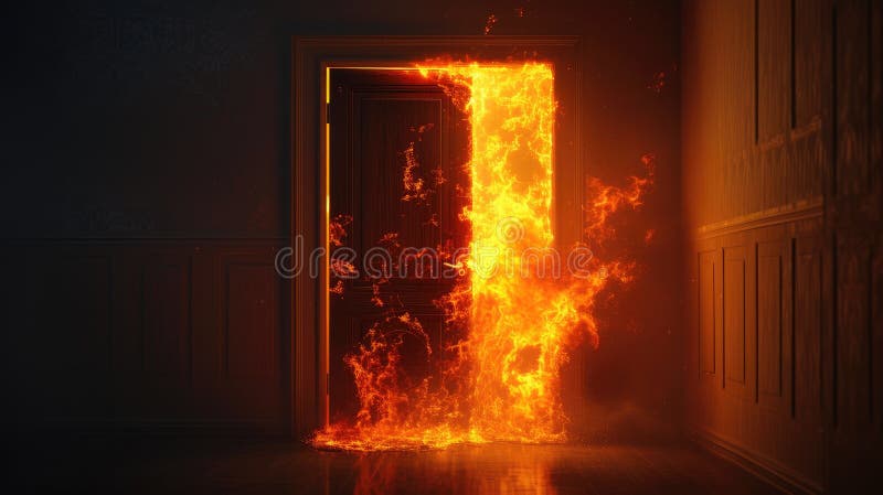Inferno Inside: Open Door on Fire. Stock Illustration - Illustration of ...
