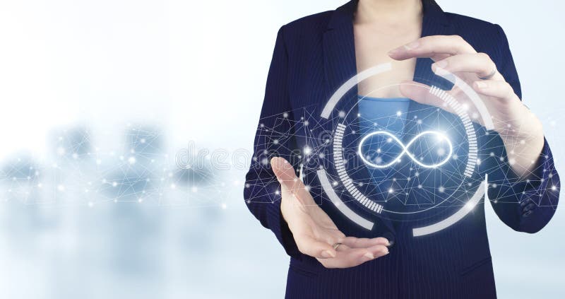 Infinite Concept. Two Hand Holding Virtual Holographic Infinity Icon ...