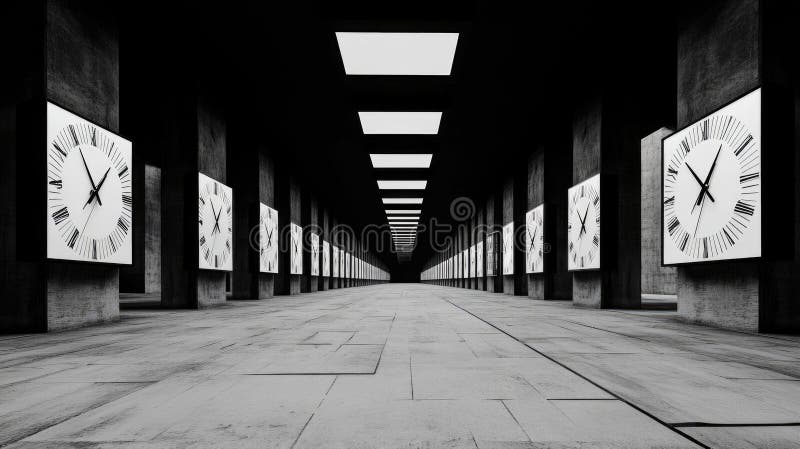 Infinite Corridor of Clocks in Modern Architectural Space Stock Photo ...