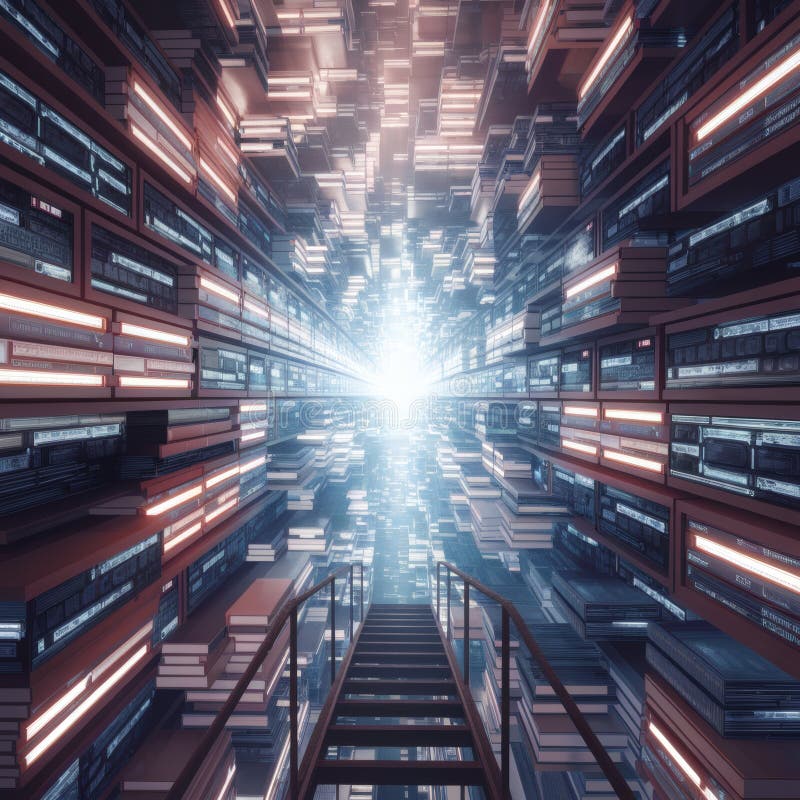 Infinite Library of Glowing Digital Books Stretching into a Misty Void ...