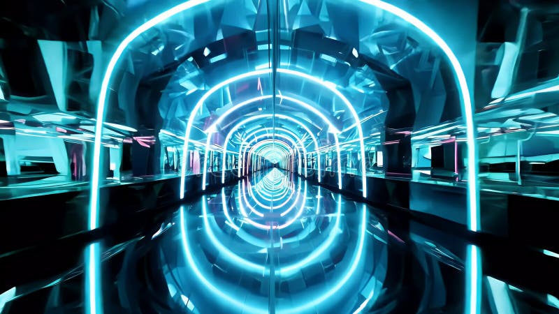 Infinite Mirrored Hallway Dynamically Illuminated by Neon Lights Stock ...