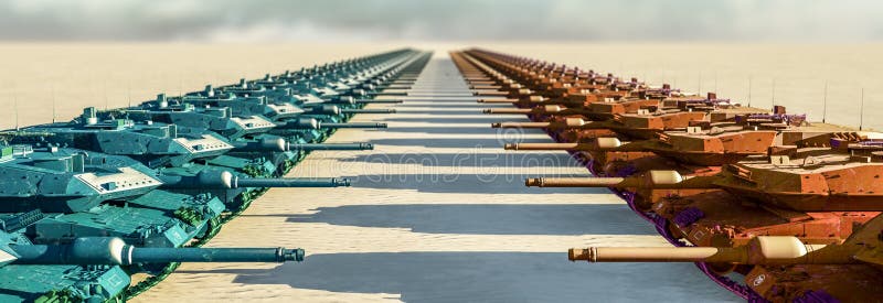 Infinite Row of Bi-Colored Tanks Lined Up on Desert Ground at Dusk ...