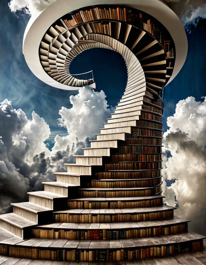 Infinite Spiral Staircase of Books in a Cloudy Sky Stock Image - Image ...