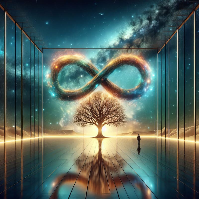 Infinite Symbol and Tree in Futuristic Cosmic Hall Stock Image - Image ...
