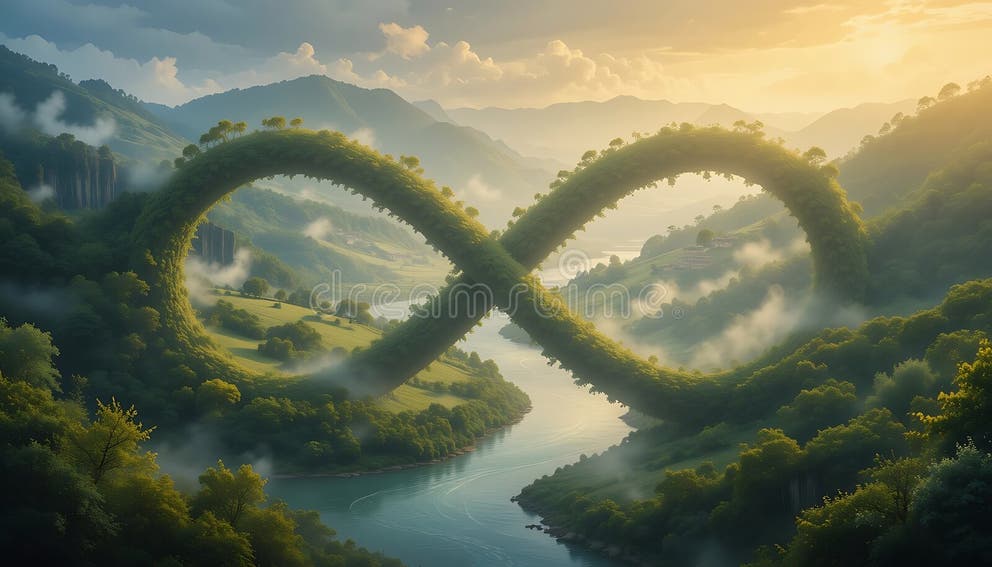 Infinity Loop in Lush Green Valley with River and Mountains Stock ...