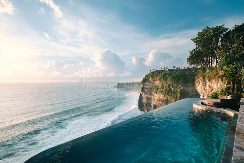Infinity Pool on a Cliff Overlooking the Ocean, Waves Crashing in the ...