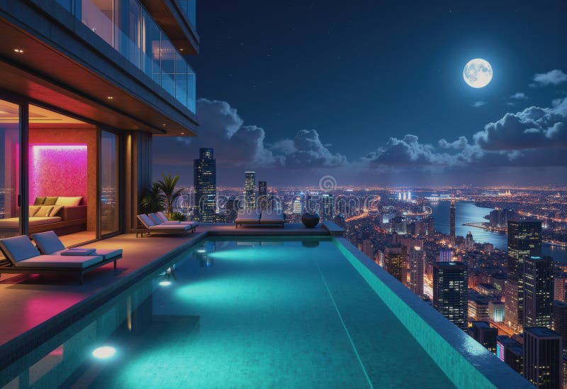 Infinity Pool with Empty Lounge Chairs Overlooking a Stunning Cityscape ...