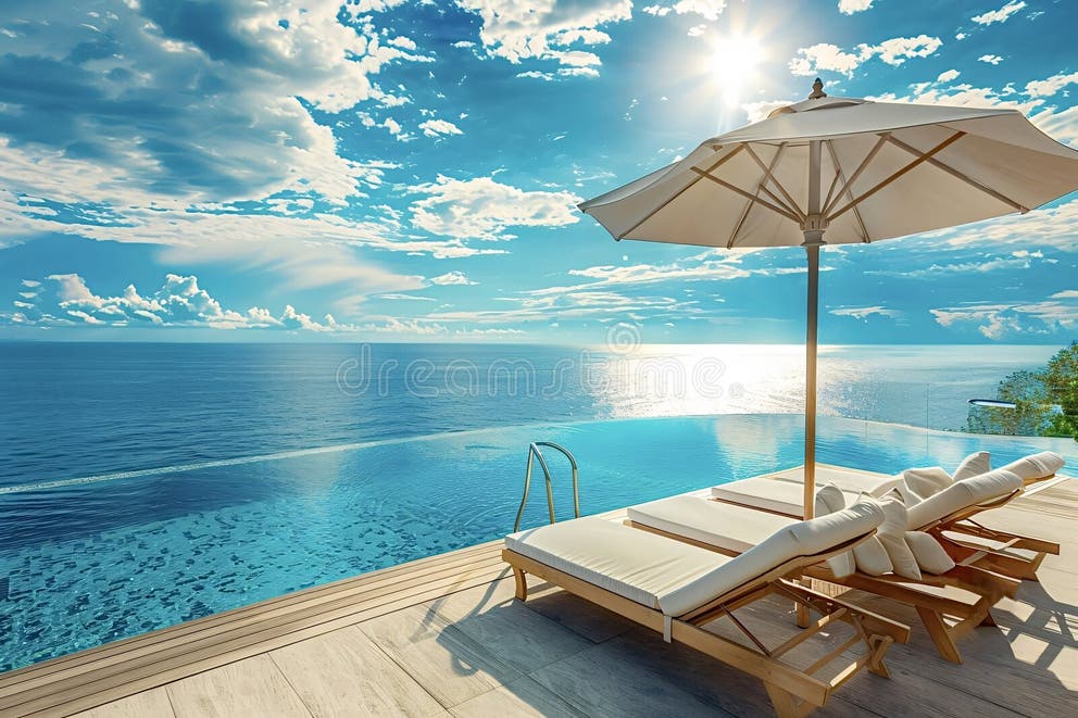 Infinity Pool Facing the Ocean on Sunny Day with Deck Chairs and ...