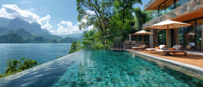 Infinity Pool with a Lake View in Wilderness Stock Image - Image of ...
