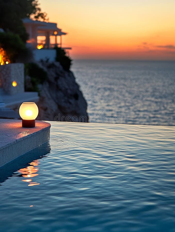 Infinity Pool with Lantern Overlooking Ocean at Sunset. Stock Image ...