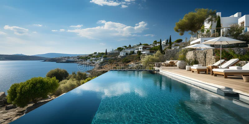 Infinity Pool in Luxury Villa on the Sea. 3d Rendering Stock ...