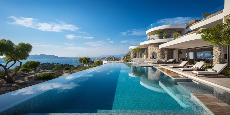 Infinity Pool in Luxury Villa on the Sea. 3d Rendering Stock ...