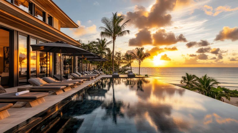 Infinity Pool and Modern Villa at Sunset on Tropical Beach Stock ...