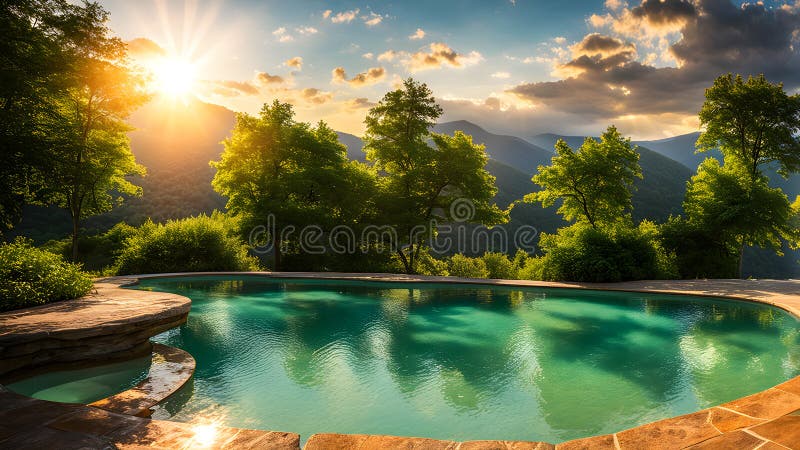 Infinity Pool with Mountain View at Sunrise Stock Illustration ...