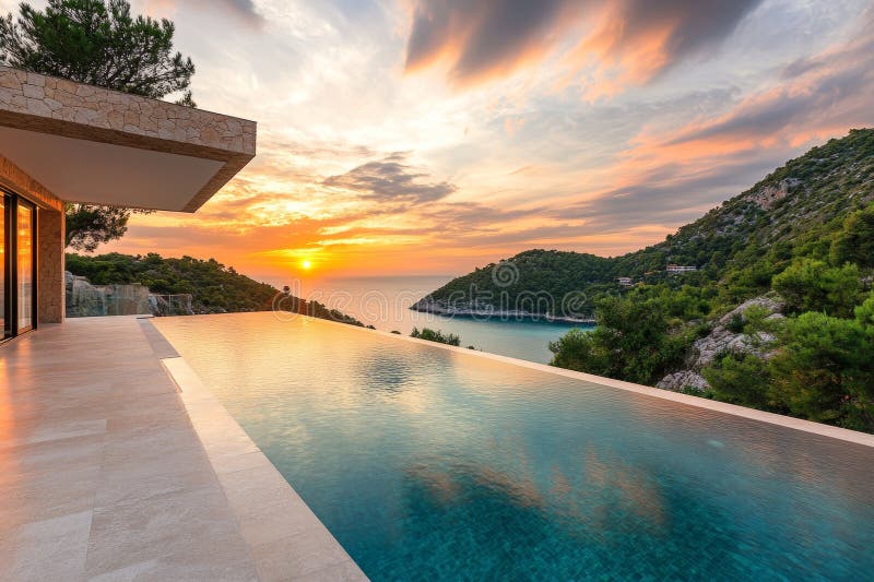 Infinity Pool with Ocean and Island View at Sunset. Modern Villa with ...