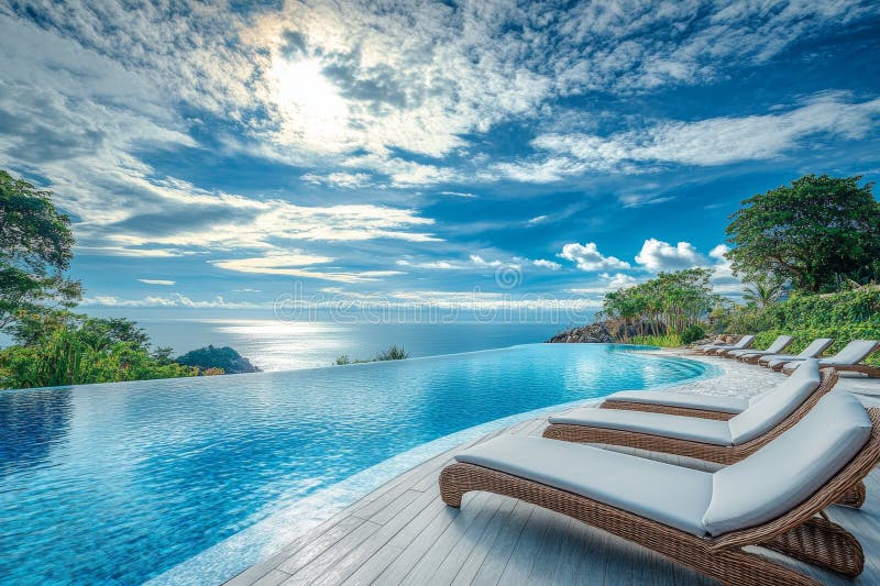 Infinity Pool with Ocean View, Lounge Chairs, and Tropical Trees Under ...