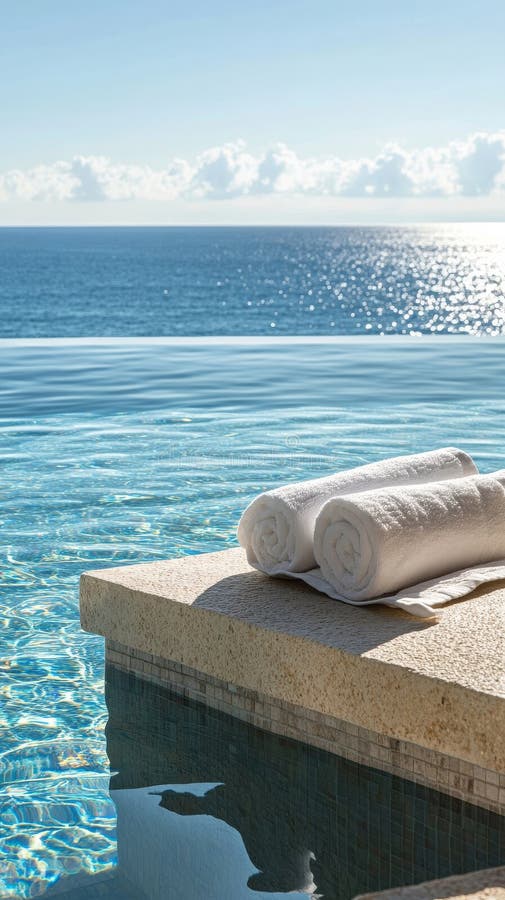 Infinity Pool with Ocean View and Towels, Luxury Resort Tranquility ...