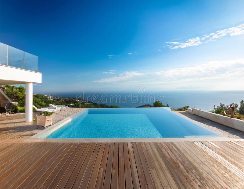 Infinity Pool with Ocean View and Wooden Deck Stock Photo - Image of ...