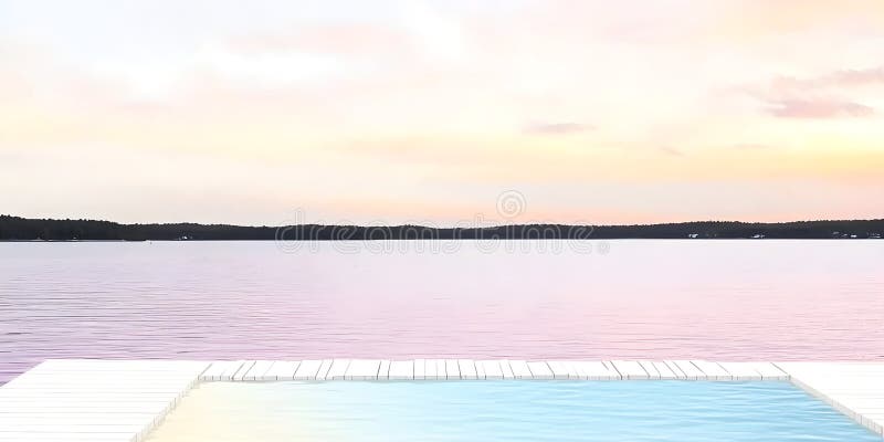 Infinity Pool Overlooking a Calm Lake with a Serene Sunset Sky in Soft ...