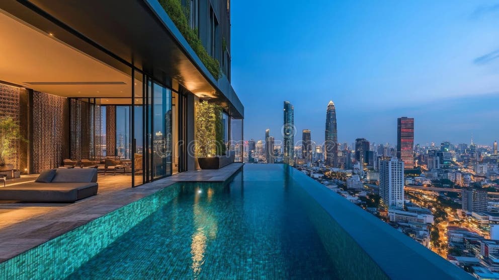 Infinity Pool Overlooking a City Skyline at Dusk Stock Illustration ...