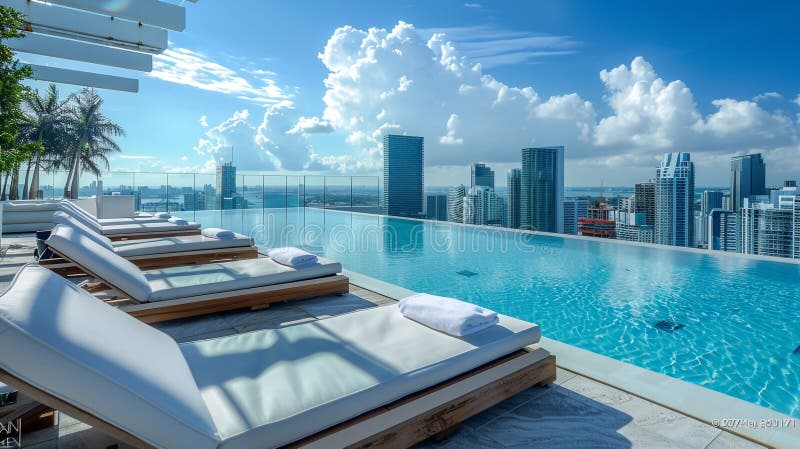 Infinity Pool Overlooking City Skyline with Loungers Stock Illustration ...