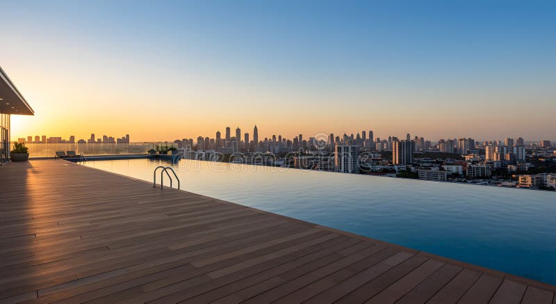 Infinity Pool Overlooking Cityscape at Sunrise with Reflections and ...