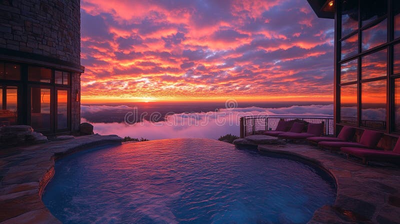 Infinity Pool Overlooking Clouds at Sunset with Building and Lounge ...
