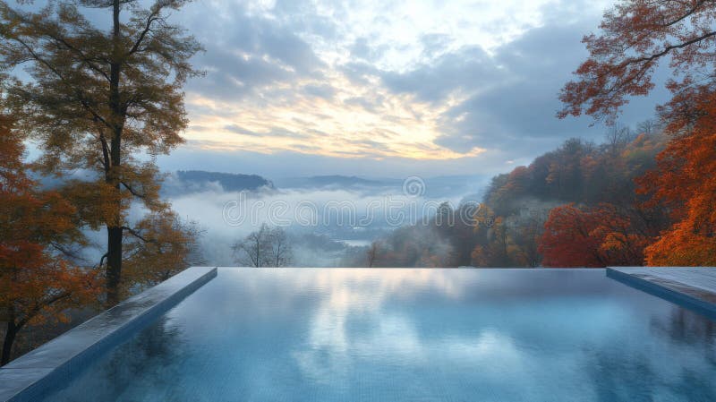 Infinity Pool Overlooking Misty Autumn Mountain Valley at Sunrise Stock ...