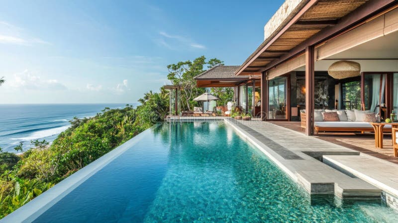 Infinity Pool Overlooking Ocean with Luxury Villa Stock Illustration ...