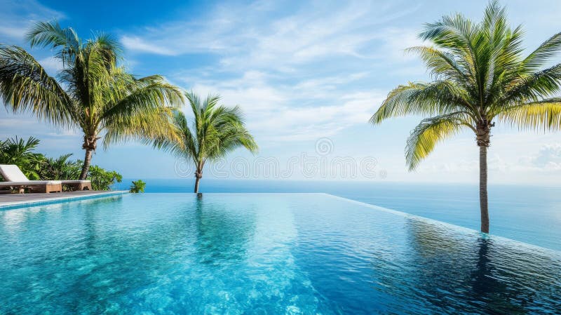 Infinity Pool Overlooking the Ocean with Palm Trees Stock Illustration ...