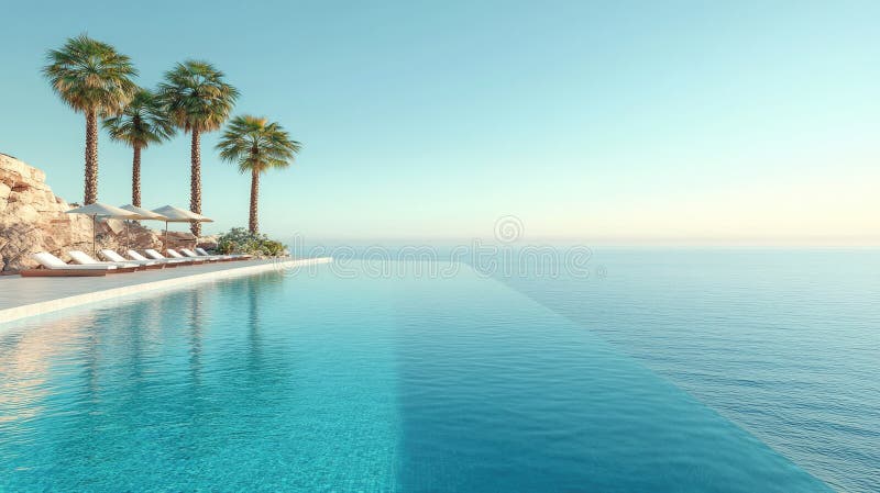 Infinity Pool Overlooking Ocean with Palm Trees and Clear Sky at ...
