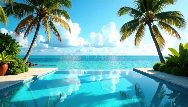 Infinity Pool Overlooking Ocean, Palm Trees Framing View, Green ...