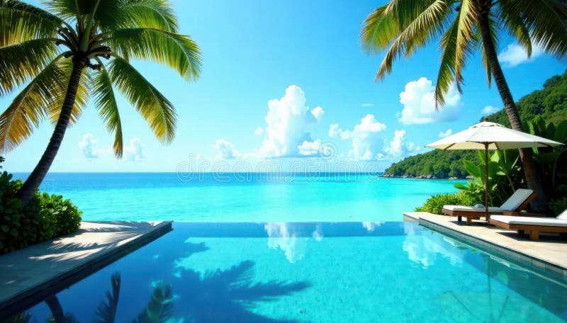Infinity Pool Overlooking Ocean, Palm Trees Framing View, White Sand ...