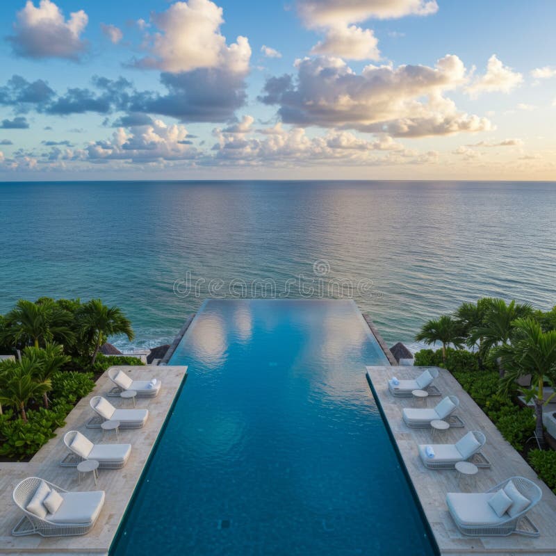 Infinity Pool Overlooking Ocean at Sunset Stock Illustration ...