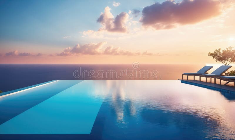 An Infinity Pool Overlooking the Ocean at Sunset, with Lounge Chairs on ...