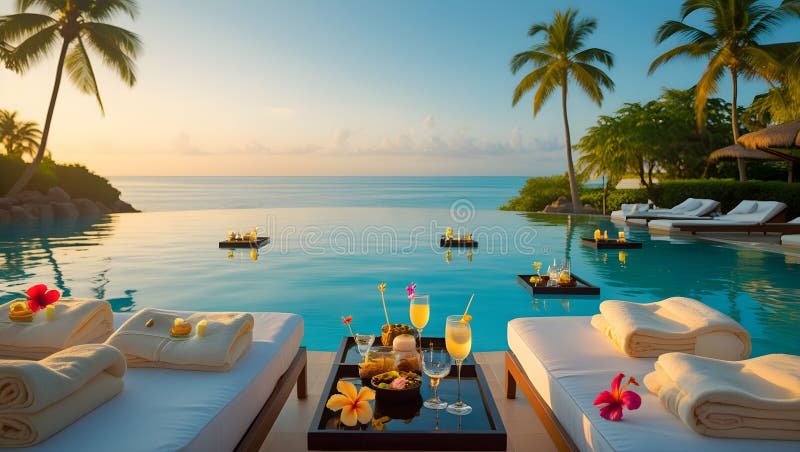 Infinity Pool Overlooking the Ocean at Sunset, Surrounded by Lush Palm ...