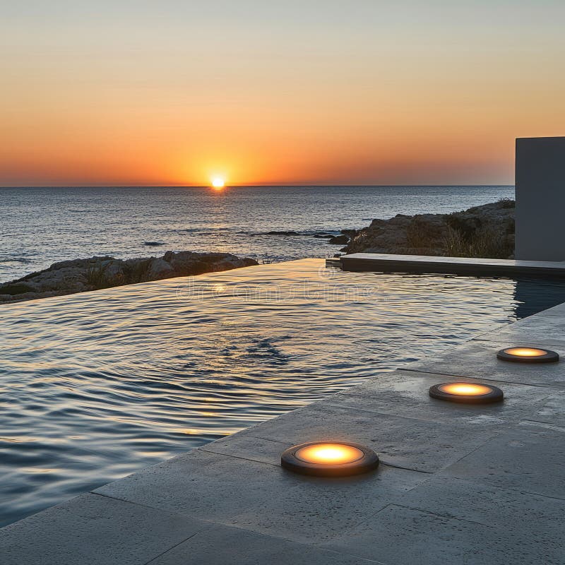 Infinity Pool Overlooking the Ocean at Sunset with Warm Lighting. Stock ...