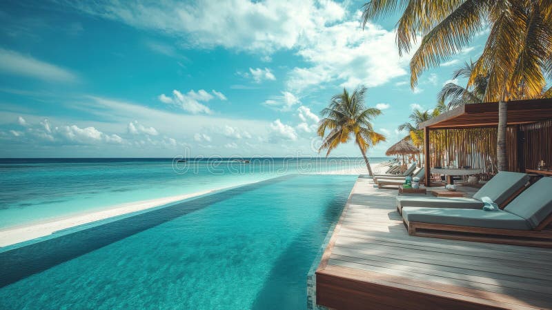 Infinity Pool Overlooking a Pristine Beach, Cabanas and Tropical Drinks ...