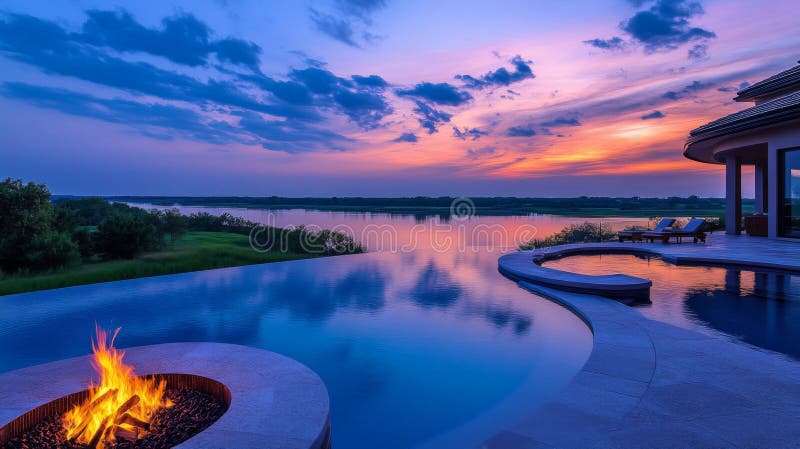 Infinity Pool Overlooking River at Sunset with a Fire Pit Stock ...