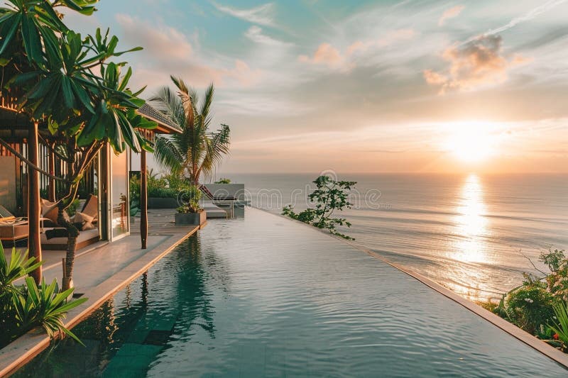 Infinity Pool Overlooking Sunset Stock Illustration - Illustration of ...