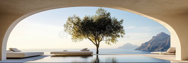 Infinity Pool Overlooking Tranquil Ocean with Olive Tree at Sunrise ...